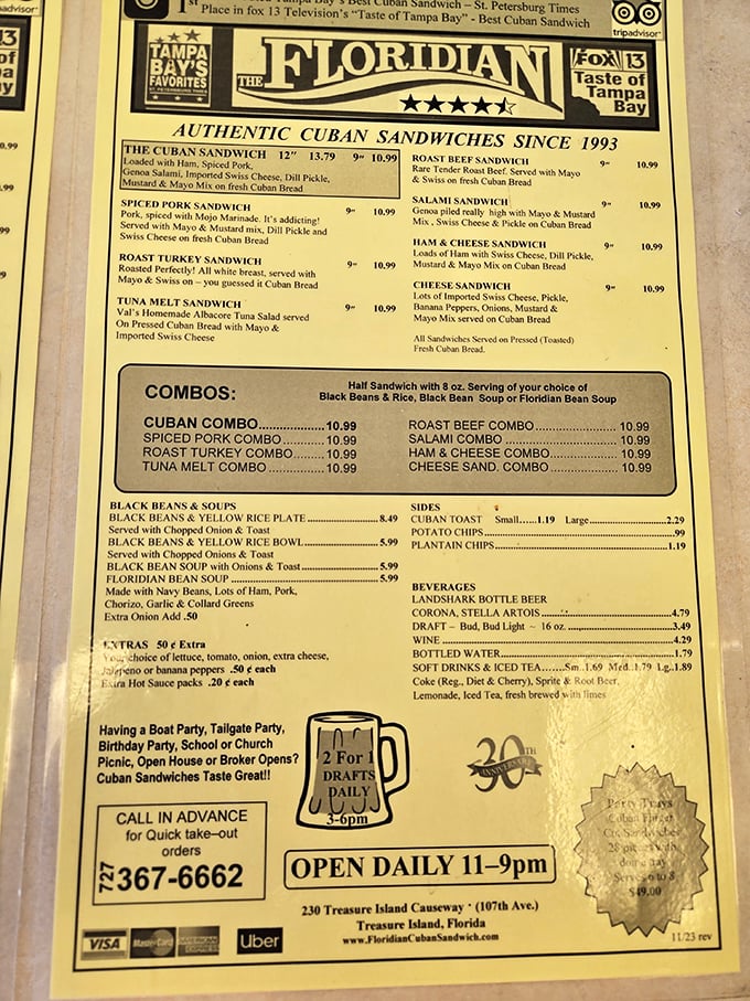 A menu that doesn't need fancy fonts or flowery descriptions—just the honest promise of authentic Cuban sandwiches that have kept locals coming back since 1993.