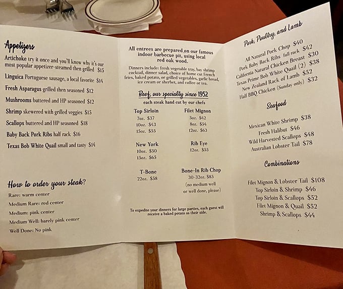 This menu isn't just a list of options—it's a roadmap to carnivore heaven with detailed steak-ordering instructions for the uninitiated.