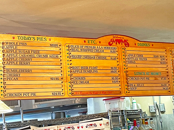 The menu board – a treasure map where X marks the spot for apple dumpling glory and pie paradise.