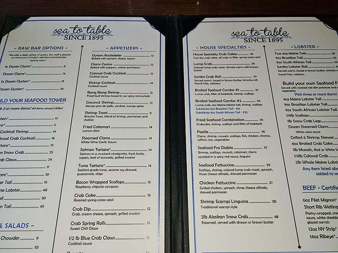 The menu reads like a love letter to the ocean. "Sea to table since 1895" isn't just clever marketing—it's the restaurant's time-tested philosophy.