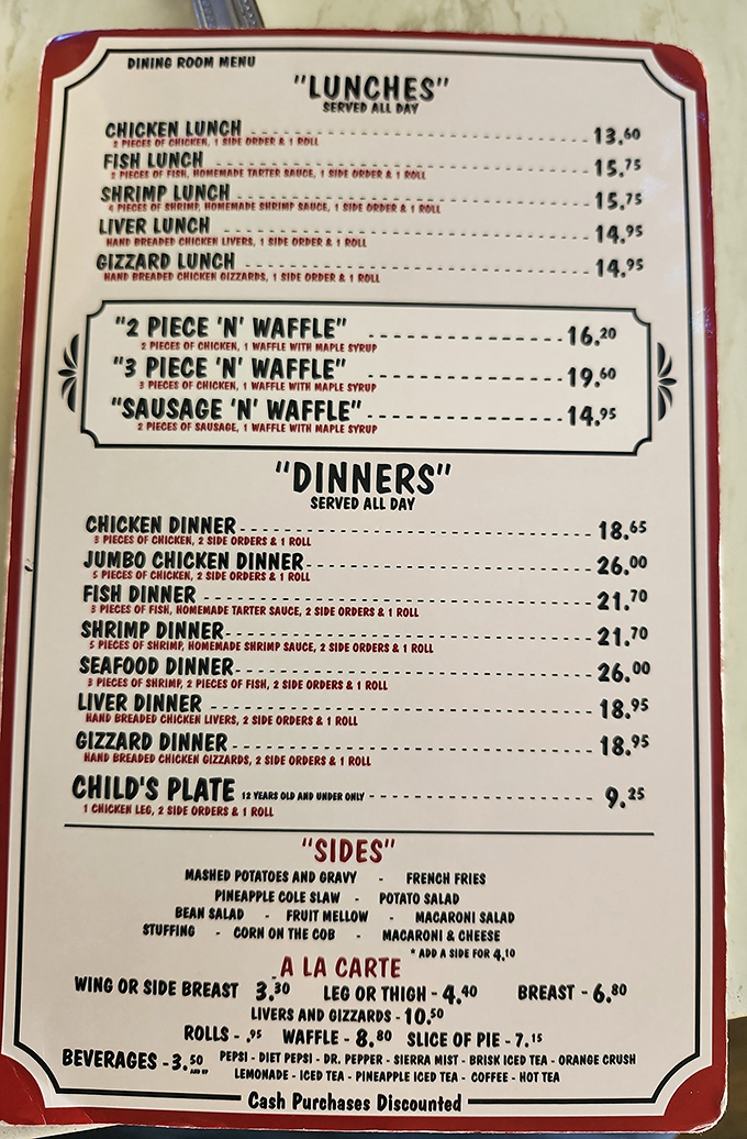 This menu isn't trying to impress with fancy descriptions – just straightforward offerings that let the legendary chicken speak for itself.