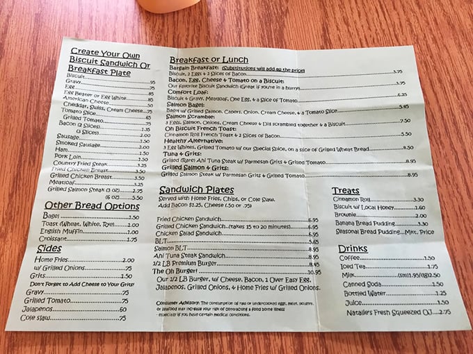 A menu that gets straight to the point—no fancy descriptions needed when your food speaks this eloquently. Biscuit possibilities abound!
