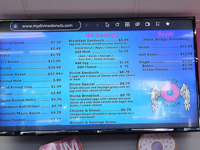 The menu board reveals the full scope of their ambition – from classic glazed to the intriguingly named "Divine Cannoli" – breakfast nirvana awaits.