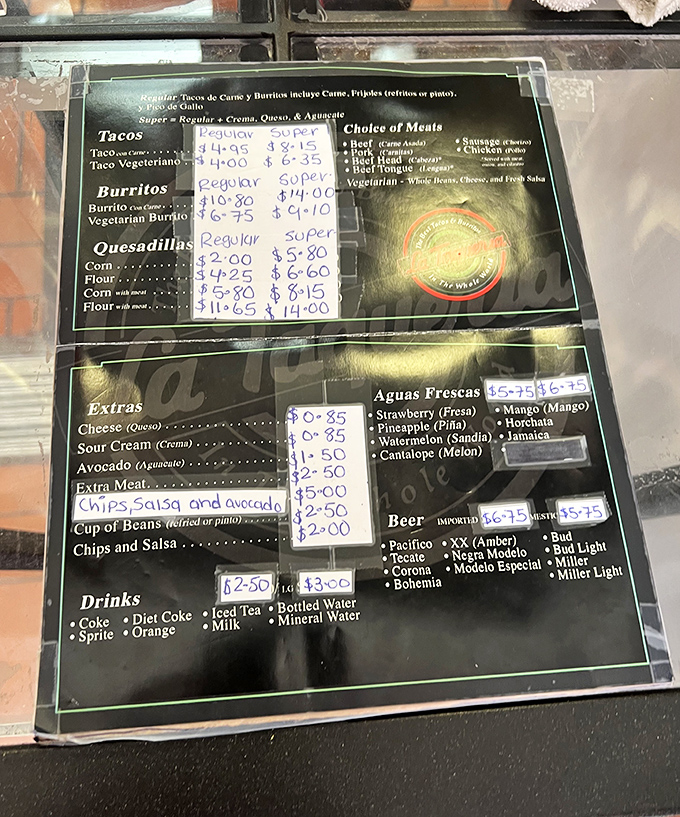 The menu board – a sacred text for burrito pilgrims. Simplicity reigns with just a handful of options, each executed to perfection.