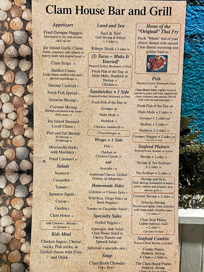 This menu reads like a love letter to seafood enthusiasts. Notice how "fried" and "fresh" appear with delightful frequency—two words that signal culinary happiness.