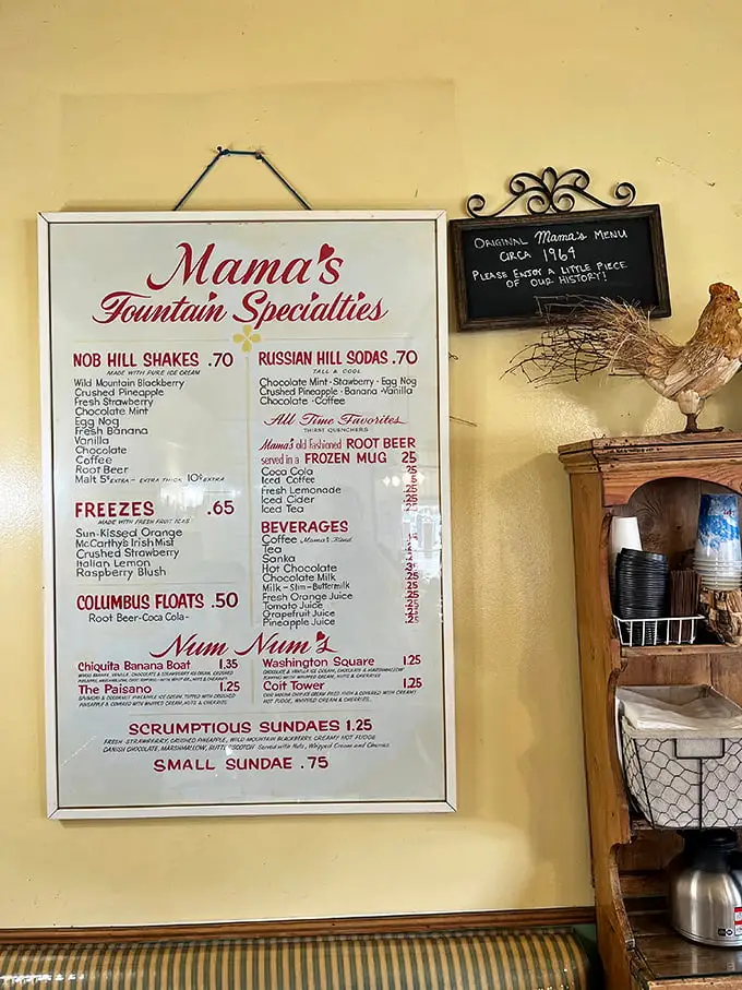 A vintage menu board that's practically a time machine. Those Nob Hill Shakes and Columbus Floats are delicious footnotes in San Francisco's culinary history.