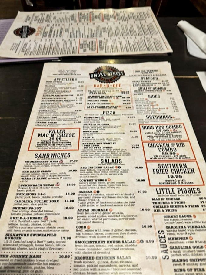 A menu that reads like a love letter to smoked meats—where decisions aren't just difficult, they're deliciously impossible.