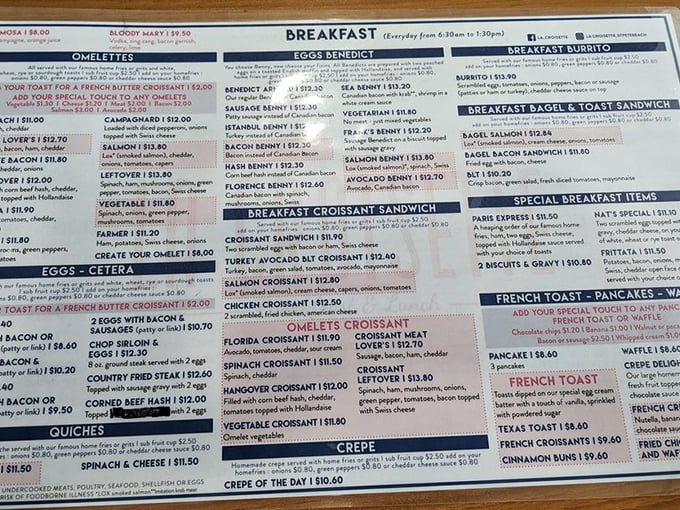 The menu at La Croisette reads like a breakfast lover's bucket list—good luck choosing just one item!