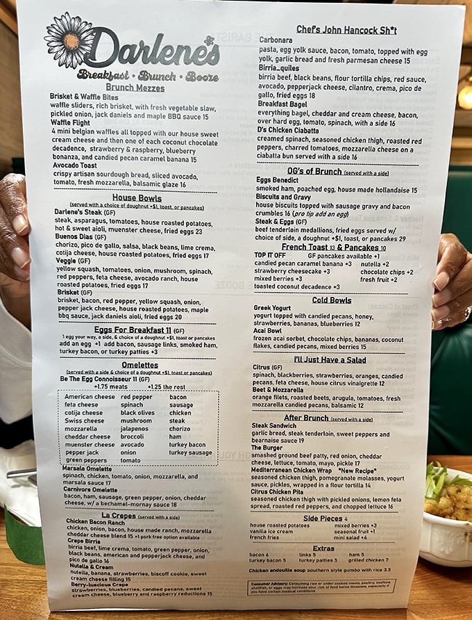 This menu isn't just a list of food—it's a roadmap to happiness with detours through waffle country and brisket boulevard.