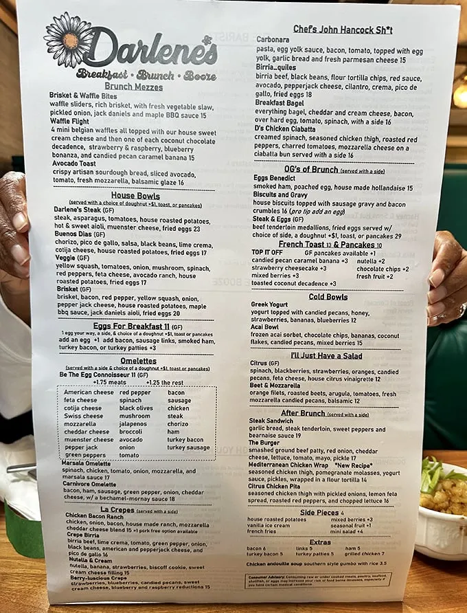 This menu isn't just a list of food—it's a roadmap to happiness with detours through waffle country and brisket boulevard.