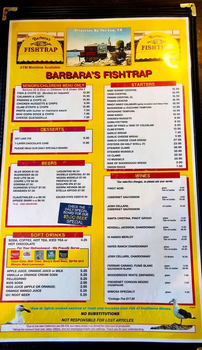 This sunshine-yellow menu is the treasure map to seafood nirvana. Pro tip: anything with the word "fresh" before it isn't just marketing—it's a promise.
