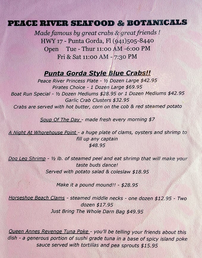 The menu reads like seafood poetry – "Dog Leg Shrimp" and "Queen Annes Revenge Tuna Poke" are just the opening verses.