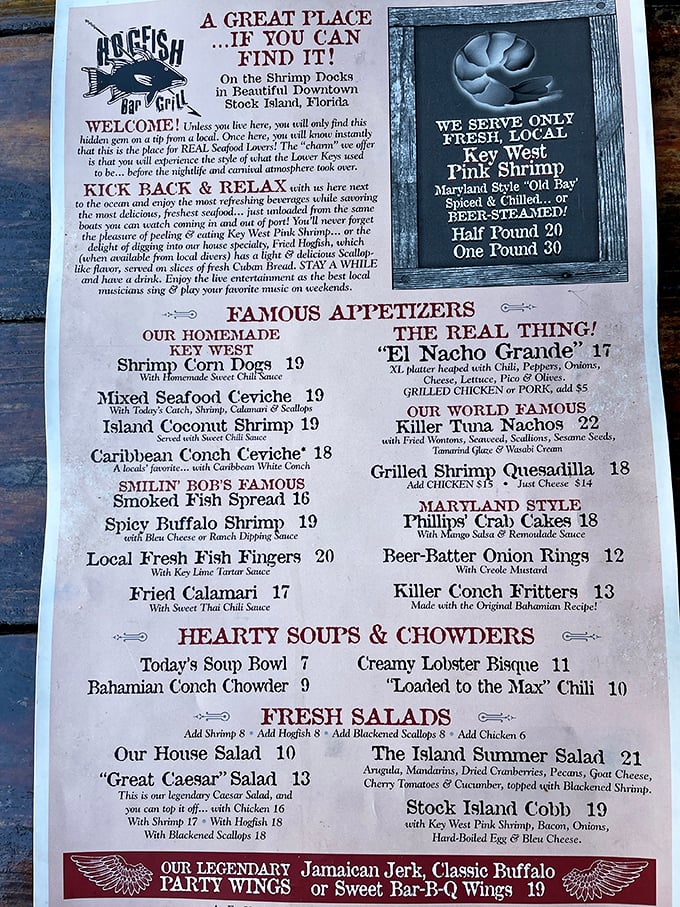 This menu reads like a love letter to seafood lovers—where "we serve ONLY fresh, local" isn't marketing speak but a solemn promise.