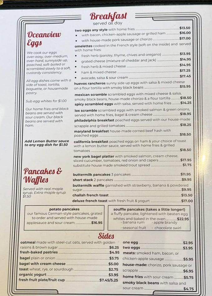 This menu isn't just food—it's a roadmap to happiness. The "Oceanview Eggs" section alone could solve most of life's problems.