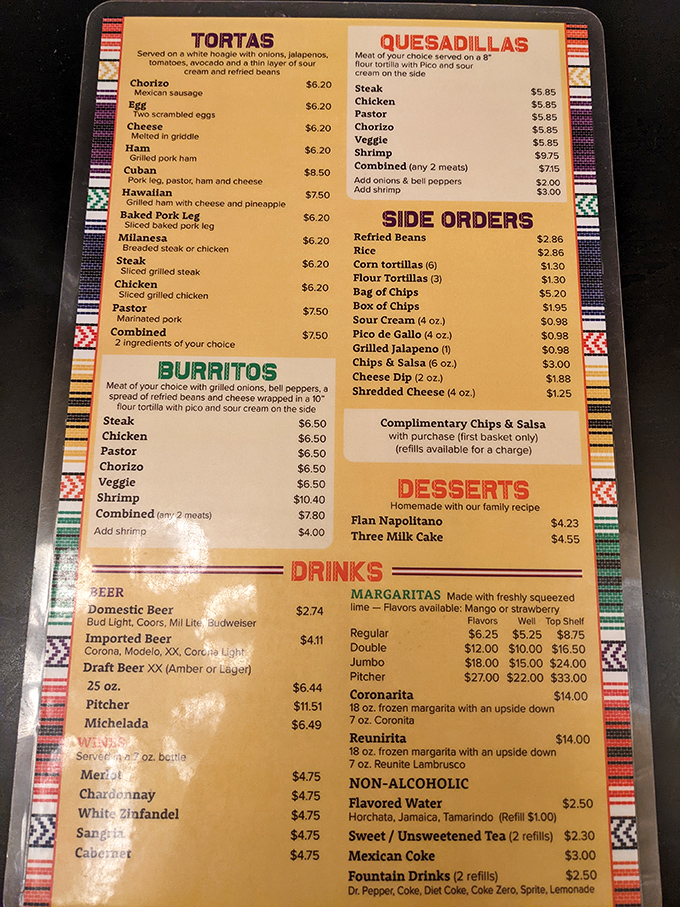 A menu that doesn't need fancy descriptions or trendy ingredients—just authentic Mexican classics that have stood the test of time.
