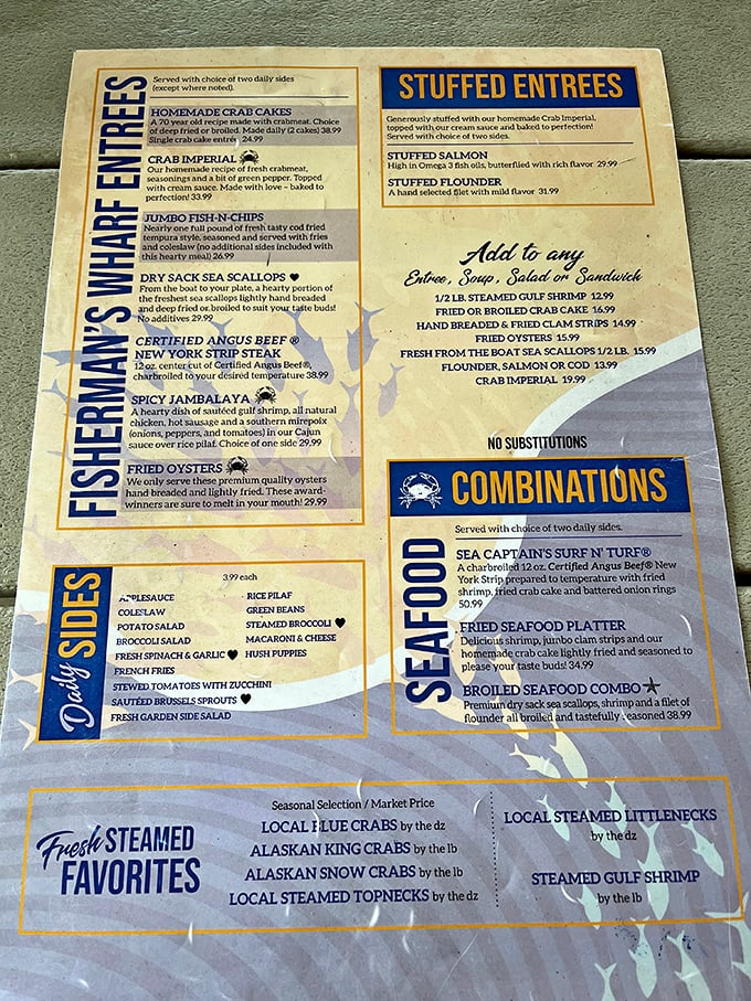 A menu that reads like Neptune's personal cookbook. Each Fisher's Wharf Entrée promises oceanic delights that would make Poseidon jealous.