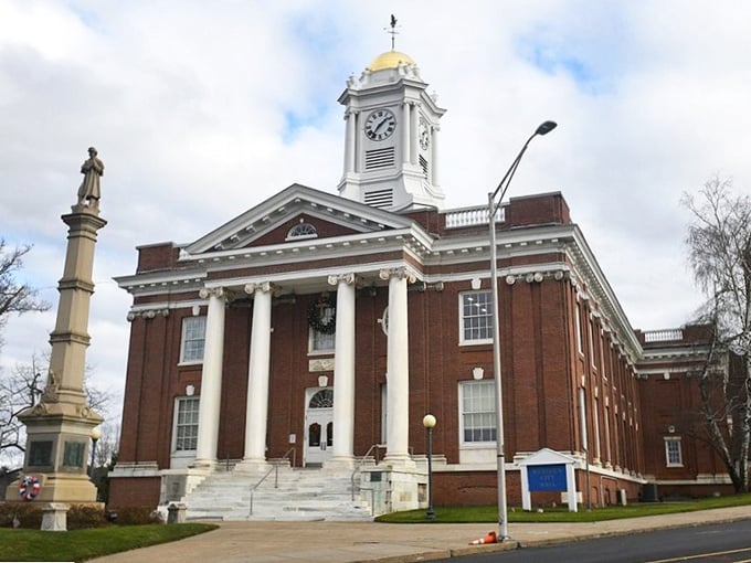 Meriden City Hall's stately columns and classic brick façade remind us that small-city governance can still look impressively dignified.