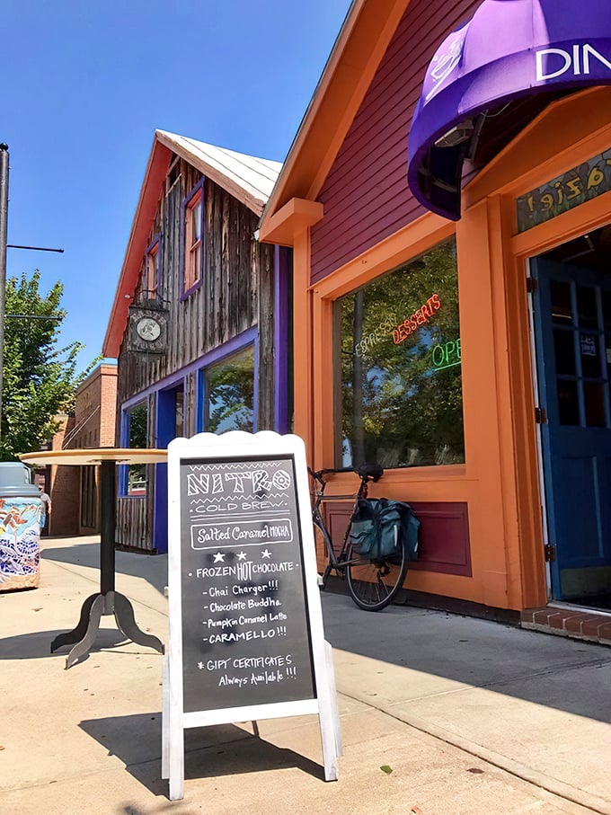 Neon-bright storefronts and rustic wood siding create Yellow Springs' signature aesthetic—where hippie meets hipster in a delightful visual cocktail.