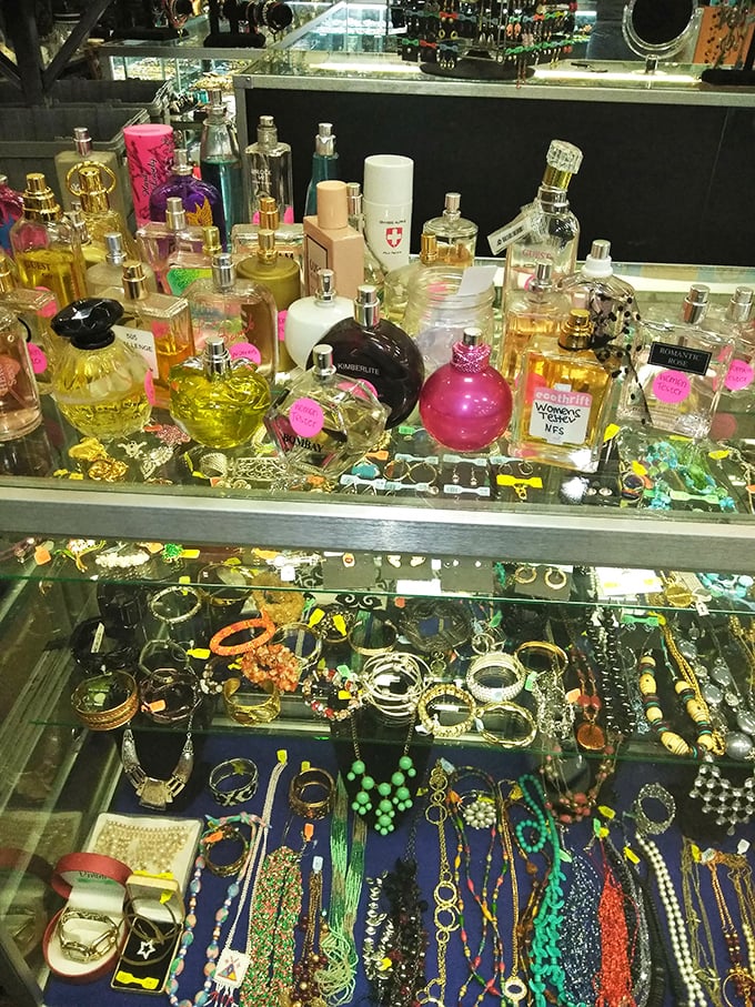 Vintage perfumes and sparkling jewelry create a treasure chest that would make pirates weep with envy. 