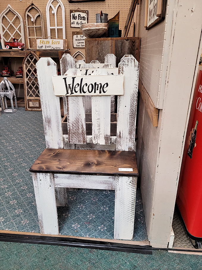 "Welcome" indeed! This charming rustic chair isn't just furniture—it's someone's next conversation piece waiting to find its forever home.