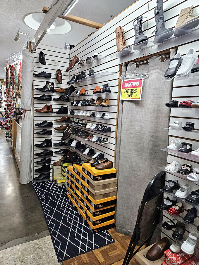 Wall-to-wall footwear creates a shoe lover's paradise where comfort meets style at unbeatable swap meet prices.