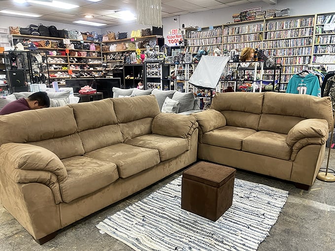 A sectional with stories to tell, positioned perfectly for your next Netflix marathon or family game night.