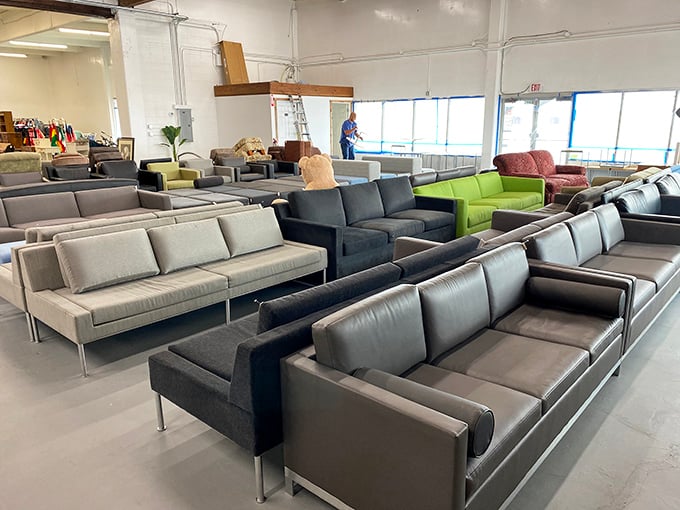 The sofa showroom rivals high-end furniture stores, minus the sticker shock. That lime green number is calling your name!