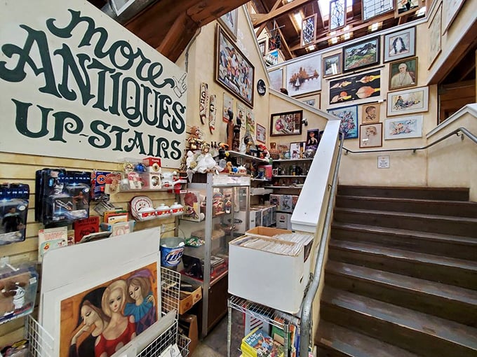Those stairs whisper promises of even more vintage wonders waiting to be discovered upstairs.