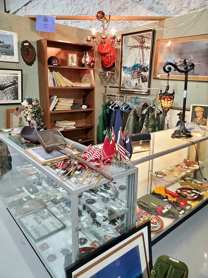 A meticulously curated military memorabilia booth where history isn't just remembered – it's honored. Each medal and flag tells a story of service and sacrifice.