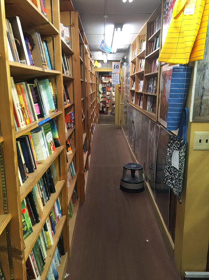 Narrow passages lined floor-to-ceiling with books create a literary version of Alice's rabbit hole. You enter for "just one book" and emerge hours later.