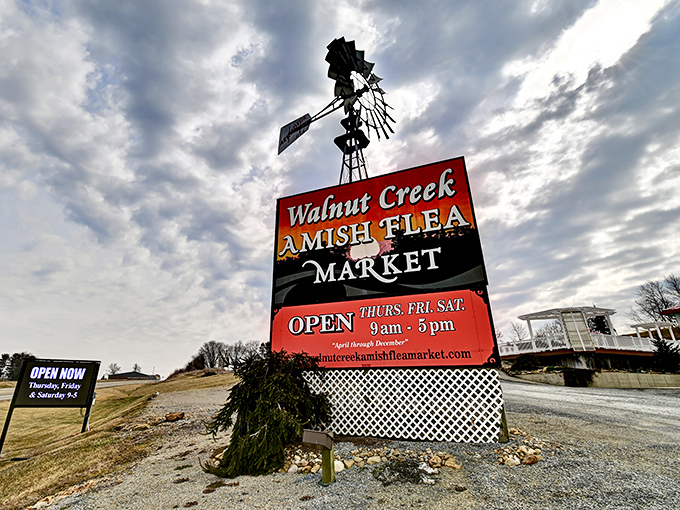 That classic windmill sign against the Ohio sky isn't just decoration—it's practically winking at you, promising adventures in bargain hunting.