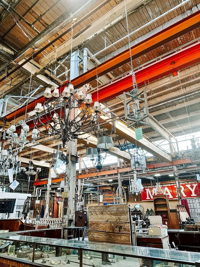 Chandeliers dangling like elegant stalactites from the industrial ceiling—where else can you find lighting that's both warehouse-chic and palace-worthy in the same breath?