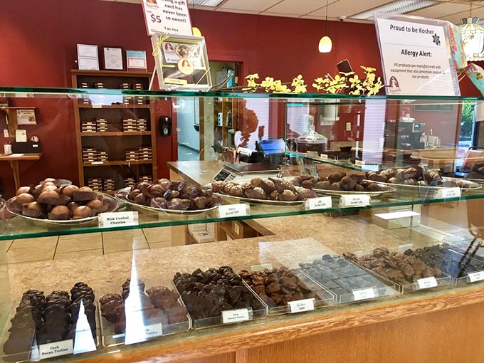 The display case at Fascia's isn't just a counter—it's a museum of edible art where chocolate masterpieces await adoption.