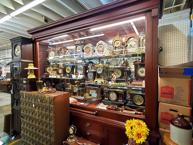 Time literally stands still in this elegant display of antique clocks. Each face tells a different story, waiting for someone to wind them back to life.