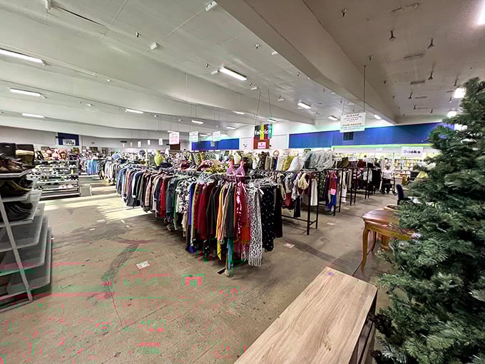The clothing section stretches toward the horizon like a textile sea, organized by type and size rather than chaos theory.