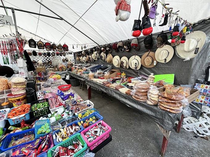 A hat for every head and a story for every hat—this vendor's collection could outfit everyone from urban cowboys to beach-bound snowbirds.