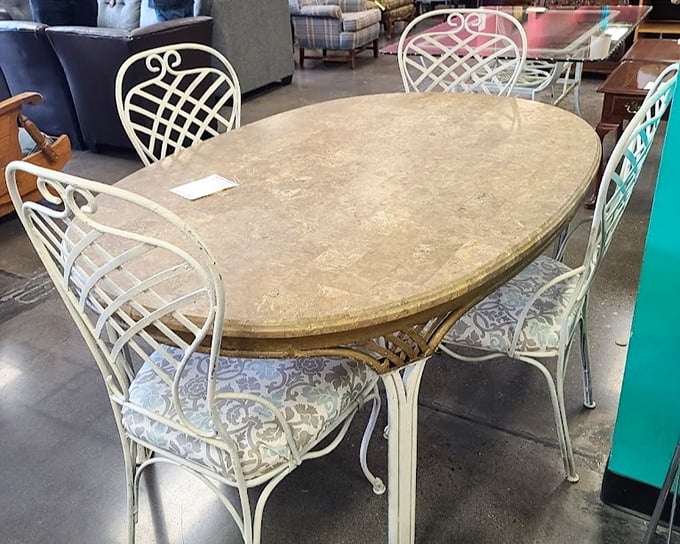 This vintage dining set with lattice-back chairs isn't just furniture—it's a conversation starter waiting to host your next dinner party debates.