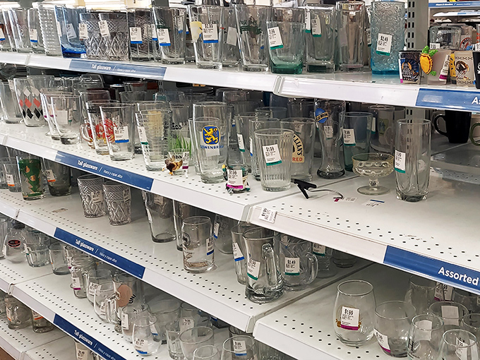 Each glass tells a story—from corporate retreats to forgotten weddings. This shelf is basically a museum of American drinking culture.
