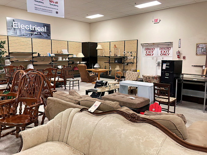 Mid-century meets modern in the furniture department. That beige sofa has stories to tell and a price tag that won't make you weep.
