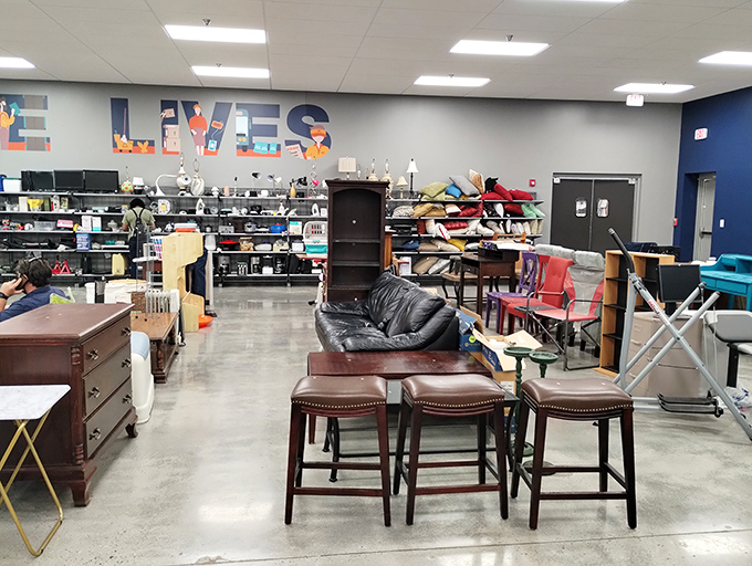 The furniture section: where mid-century meets modern meets "that's exactly what I've been looking for!" Solid wood pieces patiently await their second act.