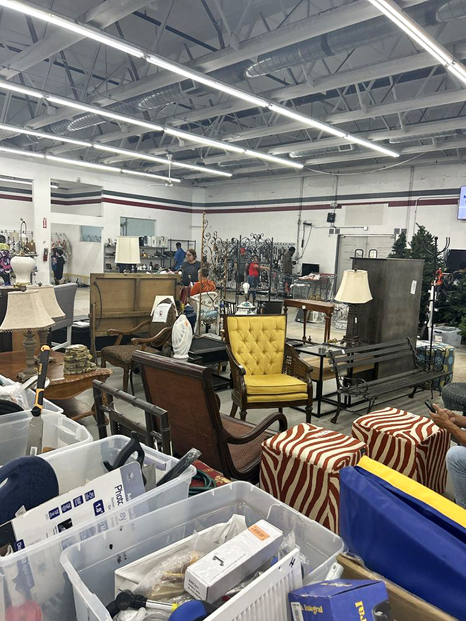 Mid-century modern meets Florida retirement chic in the furniture section. That mustard yellow chair isn't just seating—it's a conversation starter that costs less than dinner for two.