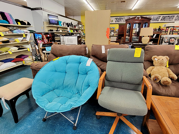 The furniture section: where that turquoise papasan chair isn't just seating—it's your next conversation starter. Mid-century modern meets millennial blue!