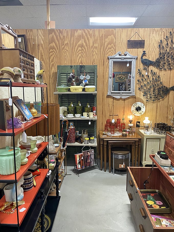 This isn't just a booth – it's someone's carefully curated time capsule where avocado green kitchenware gets its well-deserved second act.