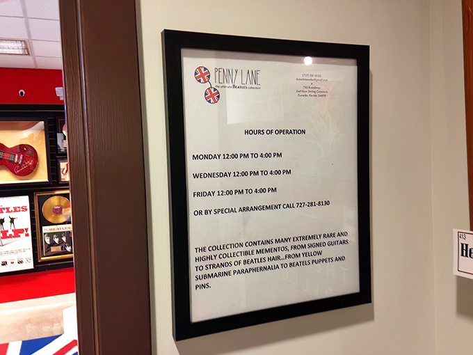 Limited hours make this Beatles sanctuary feel like an exclusive club. The sign promises "extremely rare" items—they weren't exaggerating!