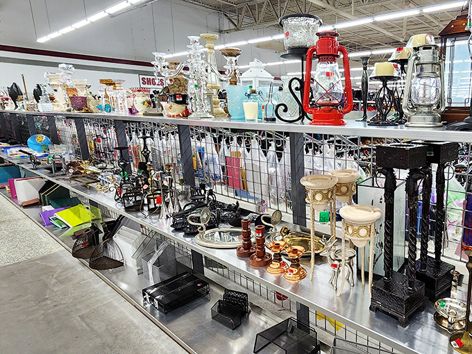 Vintage lamps and decorative treasures await new homes. That red oil lantern could be lighting up someone's patio by sunset—for less than the price of a fancy coffee.