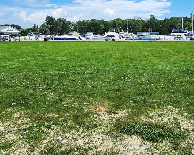 Nature's front lawn – this verdant gathering space offers boaters and beachgoers a grassy respite from all that geological wonder.