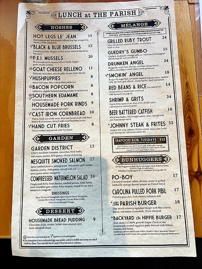 A menu that reads like a love letter to Southern cuisine. Each "noshe" promises a journey without leaving your table.