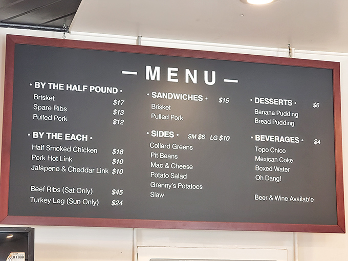 A menu board that reads like poetry to carnivores. Saturday's beef ribs alone have caused more weekend pilgrimages than most religious institutions.