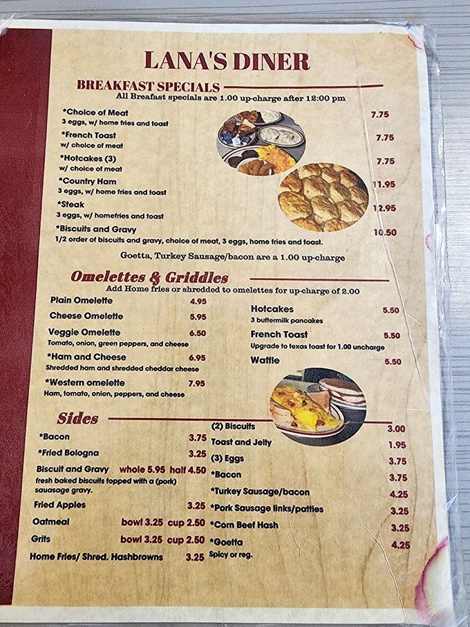 This menu isn't just a list of food—it's a roadmap to happiness. The breakfast specials section alone could solve most of life's problems.