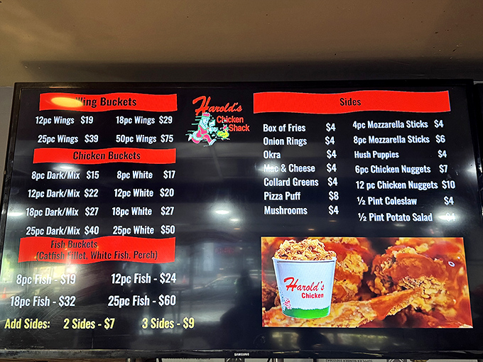 The menu board at Harold's reads like poetry to chicken lovers—wings, dark meat, white meat, and those essential sides.